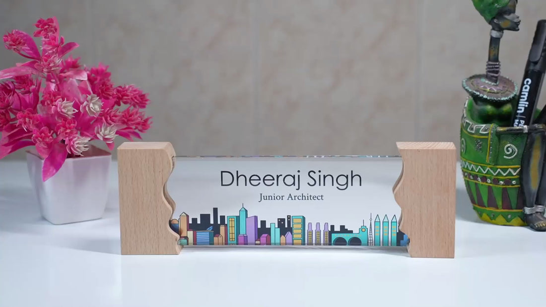 Arched Windows Desk Name Plate with Wooden Stand 9x3.5 inch – Housenama