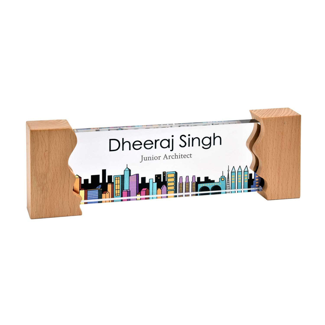 Cityscape Desk Name Plate with Wooden Stand 9x3.5 inch – Housenama